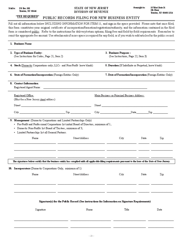 Public Records Filing For New Business Entity: State of New Jersey Division of Revenue | PDF ...