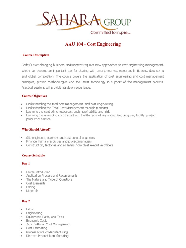 AAU 104 - Cost Engineering: Course Description | PDF | Cost Accounting ...
