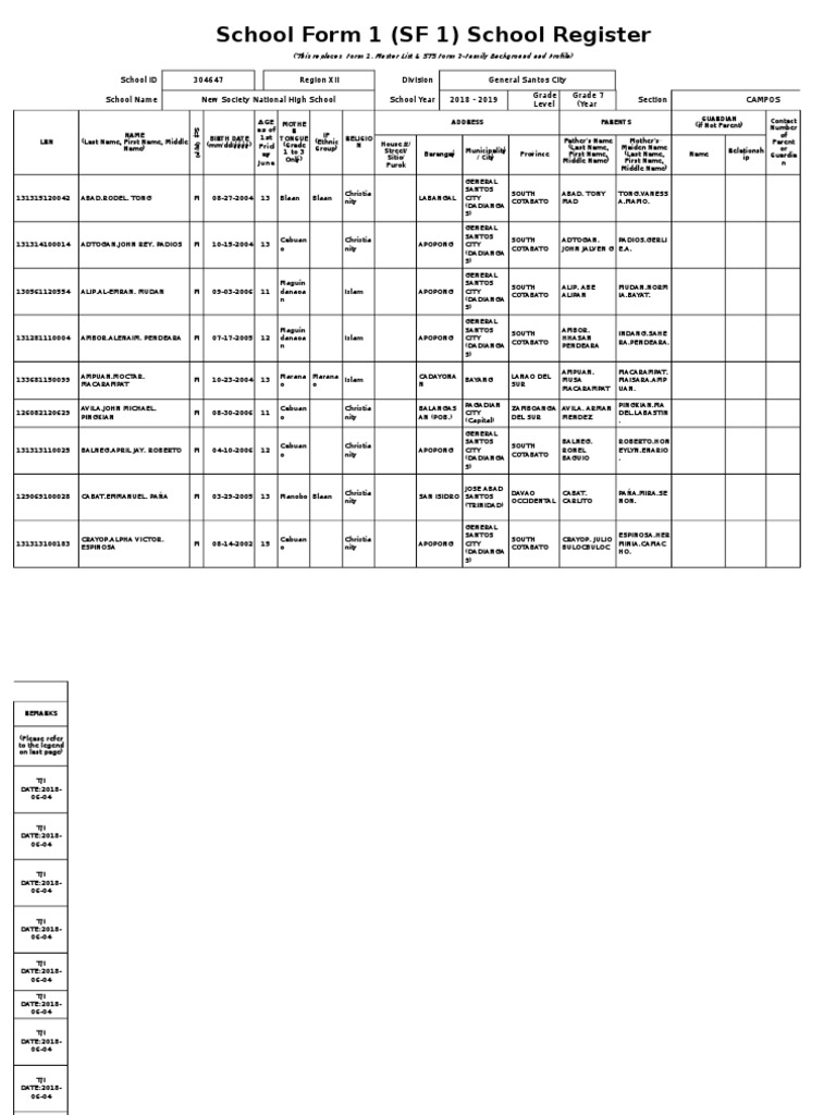 School Form 1 (SF 1) School Register | PDF