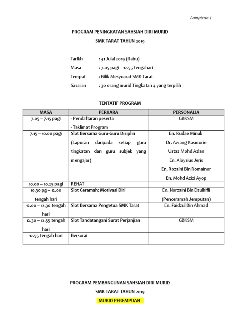 Program Sahsiah Murid SMK Tarat | PDF
