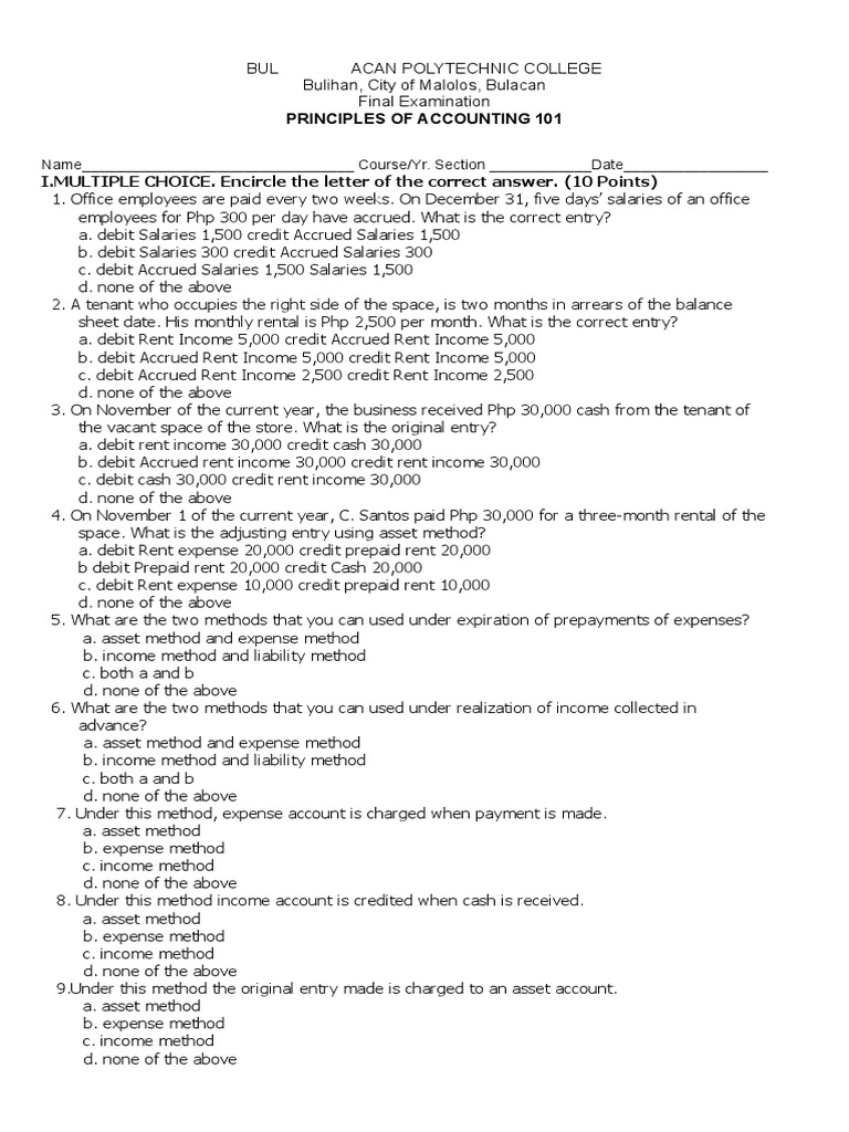Principles of Accounting 101: Name - Course/Yr. Section - Date | PDF ...