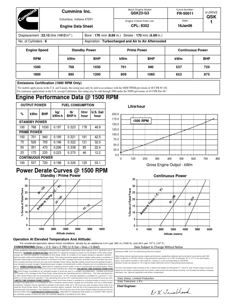 QSK23-G3 Engine Data Sheet PDF | PDF | Electric Power | Diesel Engine