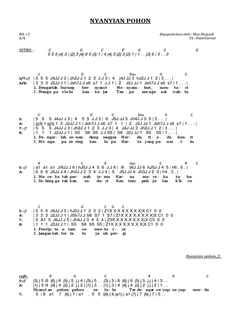 Lirik dan Notasi Lagu Nyanyian Pohon | PDF