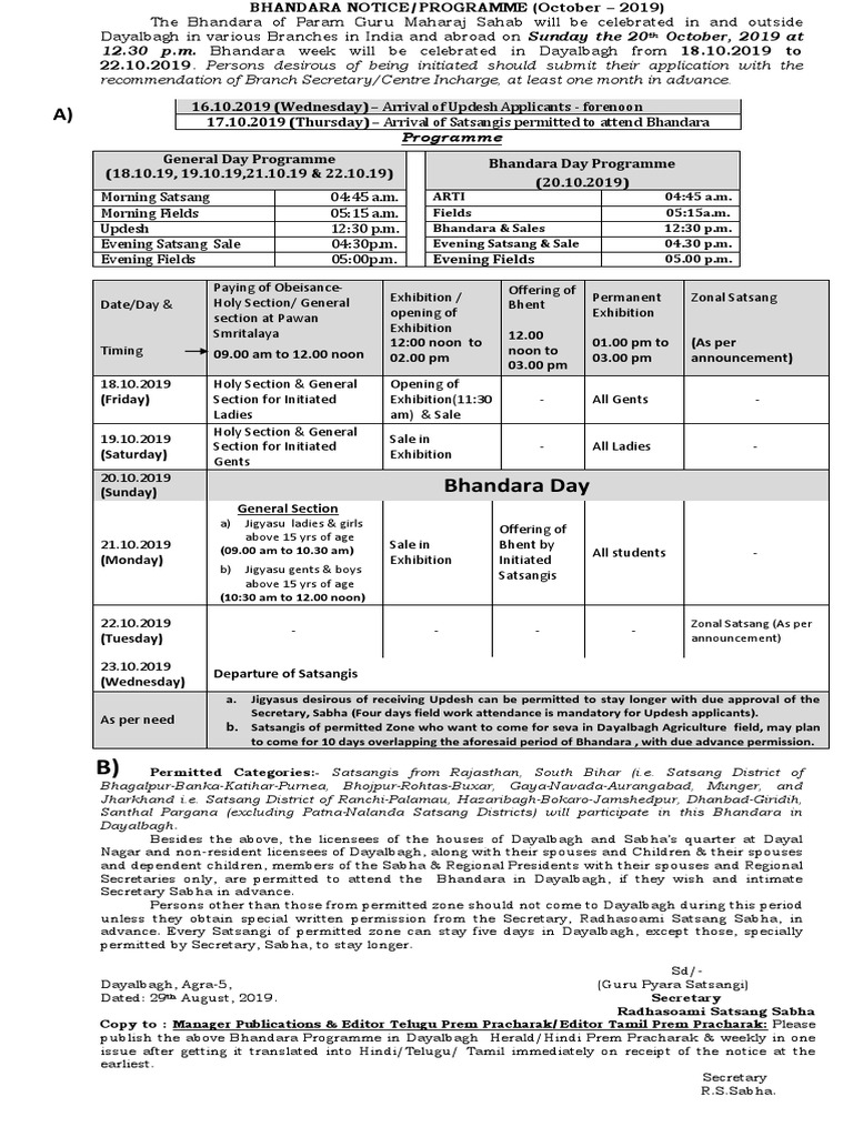 Notice Bhandara of Param Guru Maharaj Sahab 2019 | PDF
