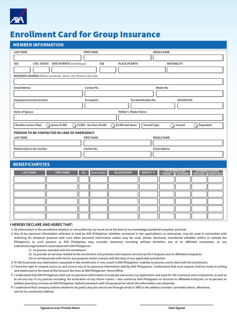 Enrollment Card For Group Insurance: Member Information | PDF ...