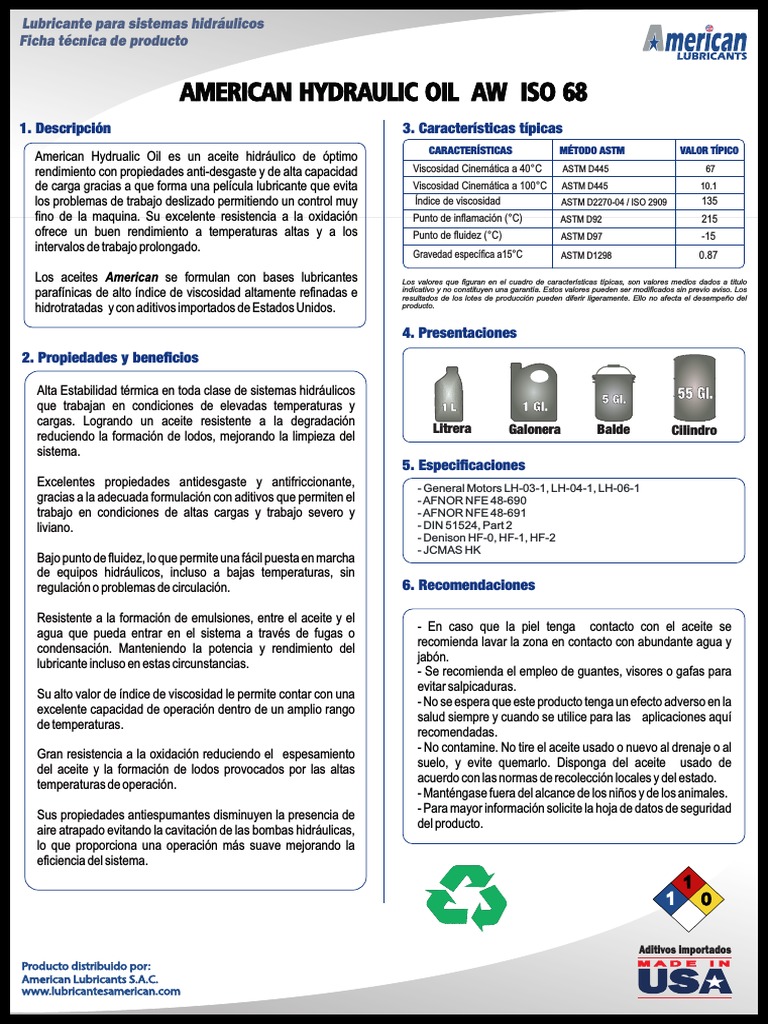 American Hydraulic Oil Aw Iso 68 | PDF | Lubricante | Petróleo