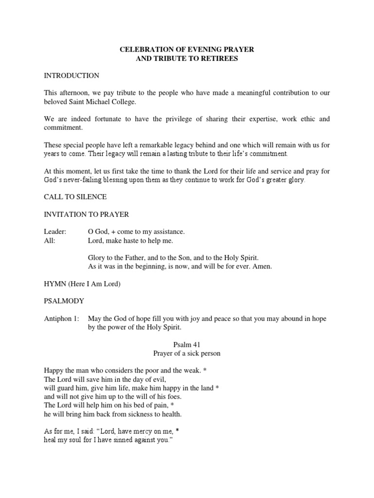 Evening Prayer for Retirees Tribute | PDF | God The Father | Lord's Prayer
