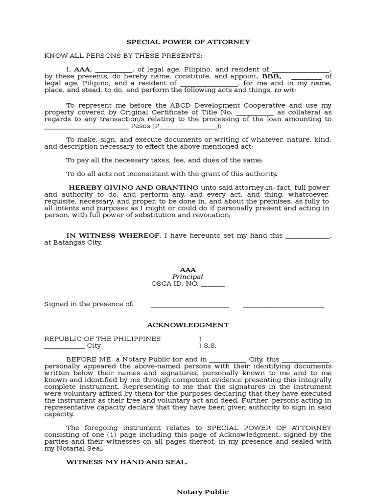 Spa Loan, Sample | PDF | Notary Public | Power Of Attorney