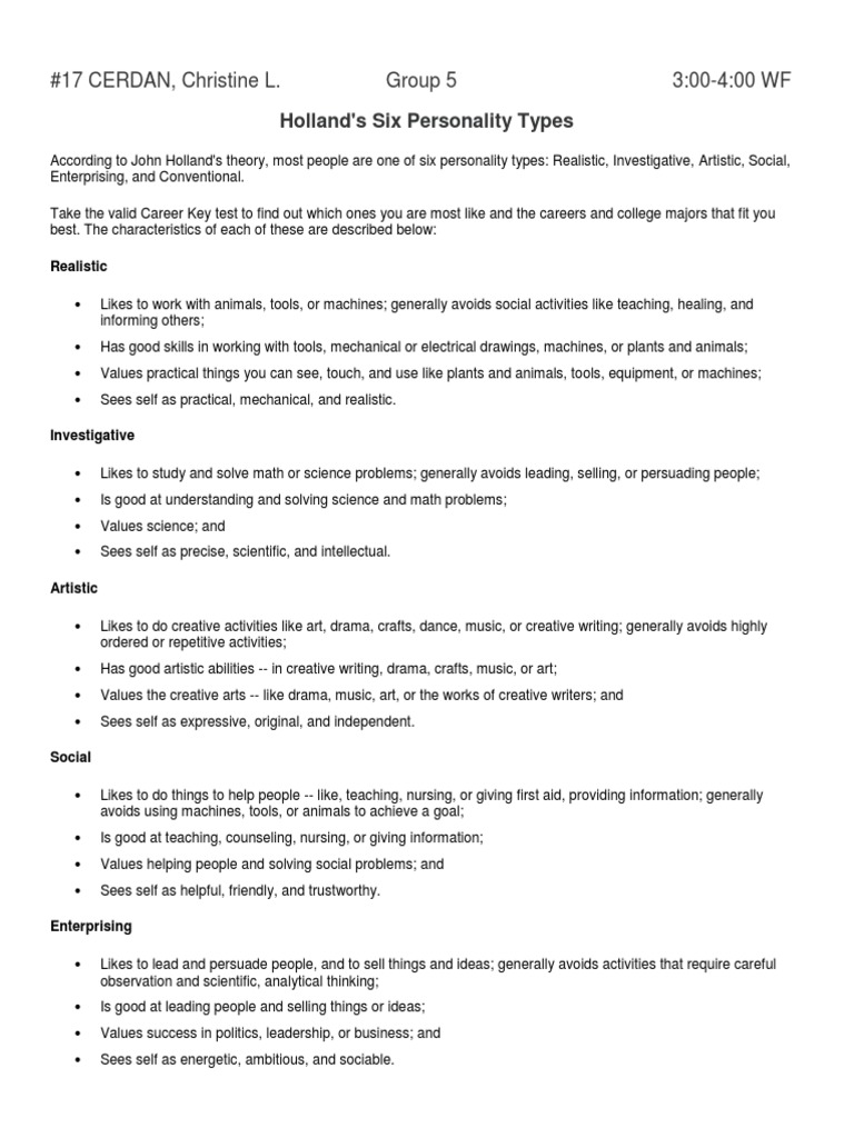 Holland's Six Personality Types | PDF | Science | Teaching Mathematics