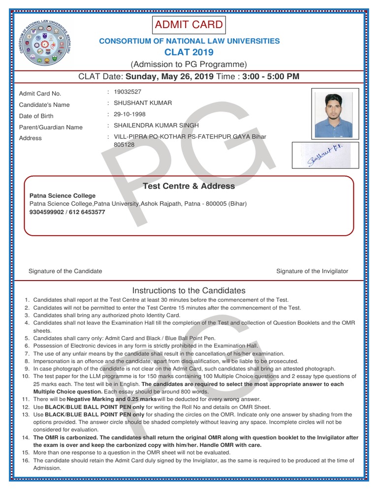 PG PG: Admit Card | PDF | Test (Assessment)