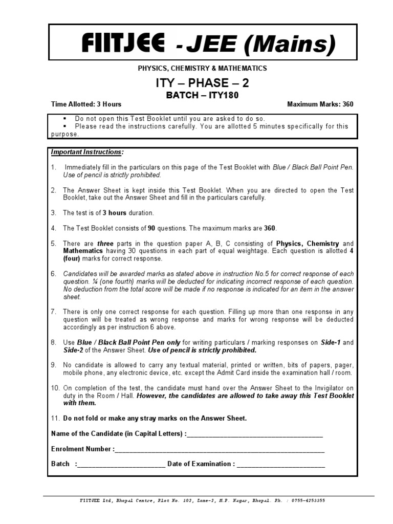 Fiitjee Phase Test Paper | PDF | Ion | Circle
