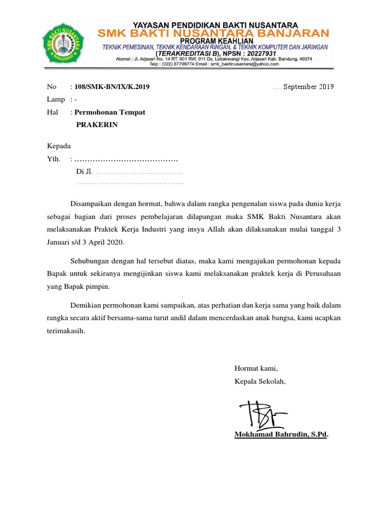 Contoh Surat Permohonan PKL PDF