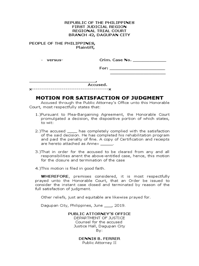 Motion for Satisfaction of Judgment | PDF | Judgment (Law) | Prosecutor