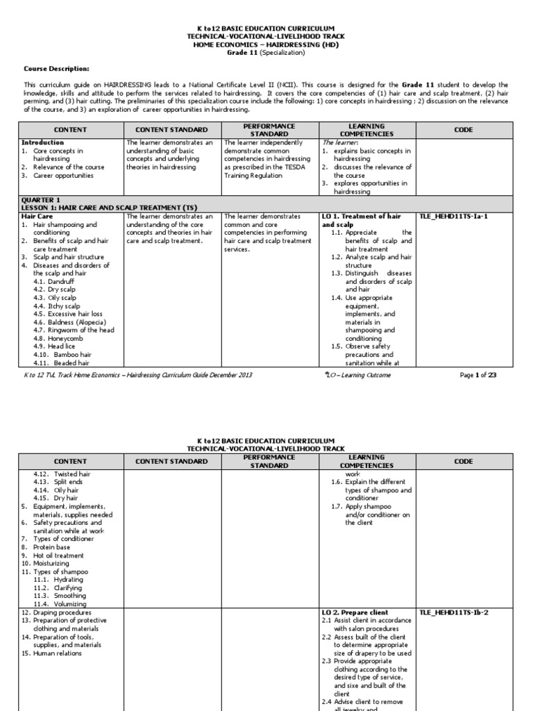 Hairdressing Curriculum Guide for TVL | PDF | Occupational Safety And ...