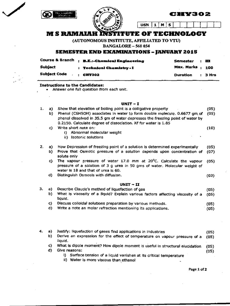 Technical Chemistry CHY302 Jan 2015 | PDF | Chemical Process ...
