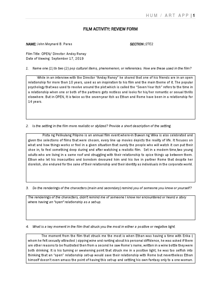 Film Activity: Review Form: Hum / Art App | PDF