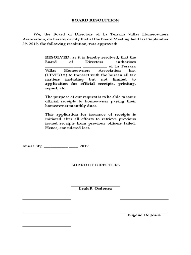 Board Resolution For BIR Sample | PDF | Board Of Directors | Government
