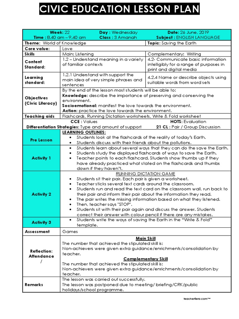 Y3 LP Civic Edu June Love Save The Earth | PDF | Teachers | Lesson Plan