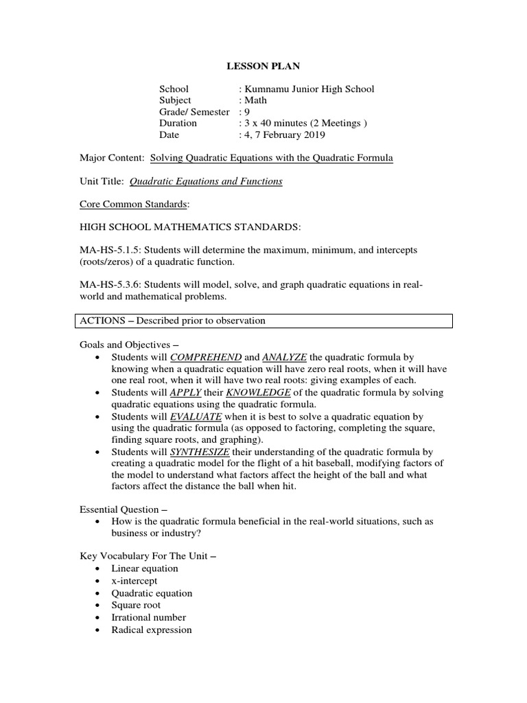 Sample CT High School Lesson Plan (Fall 2010) | PDF | Quadratic ...