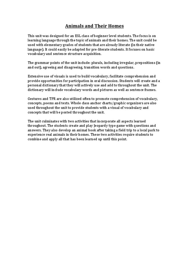 ESL Lesson: Animals and Homes | PDF | Reading Comprehension | Vocabulary