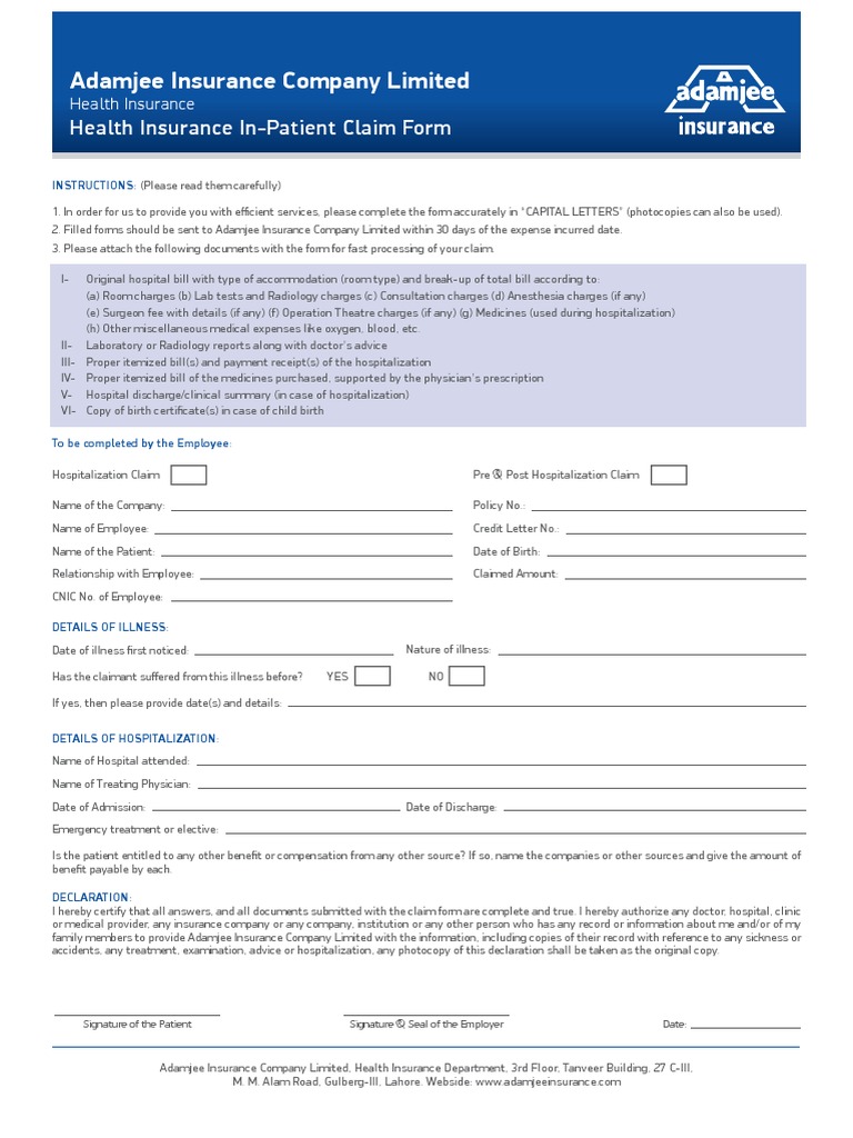 01 Adamjee In-Patient Claim Form English | PDF | Patient | Hospital