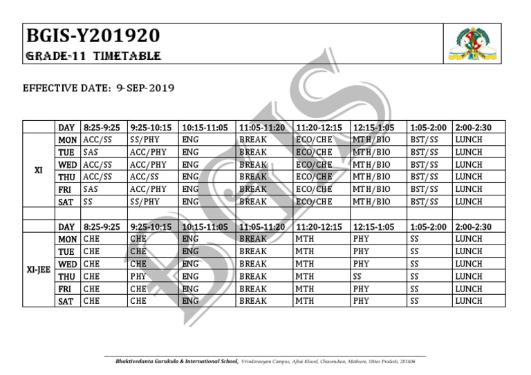 Grade 11 Timetable - BGIS 2019 | PDF