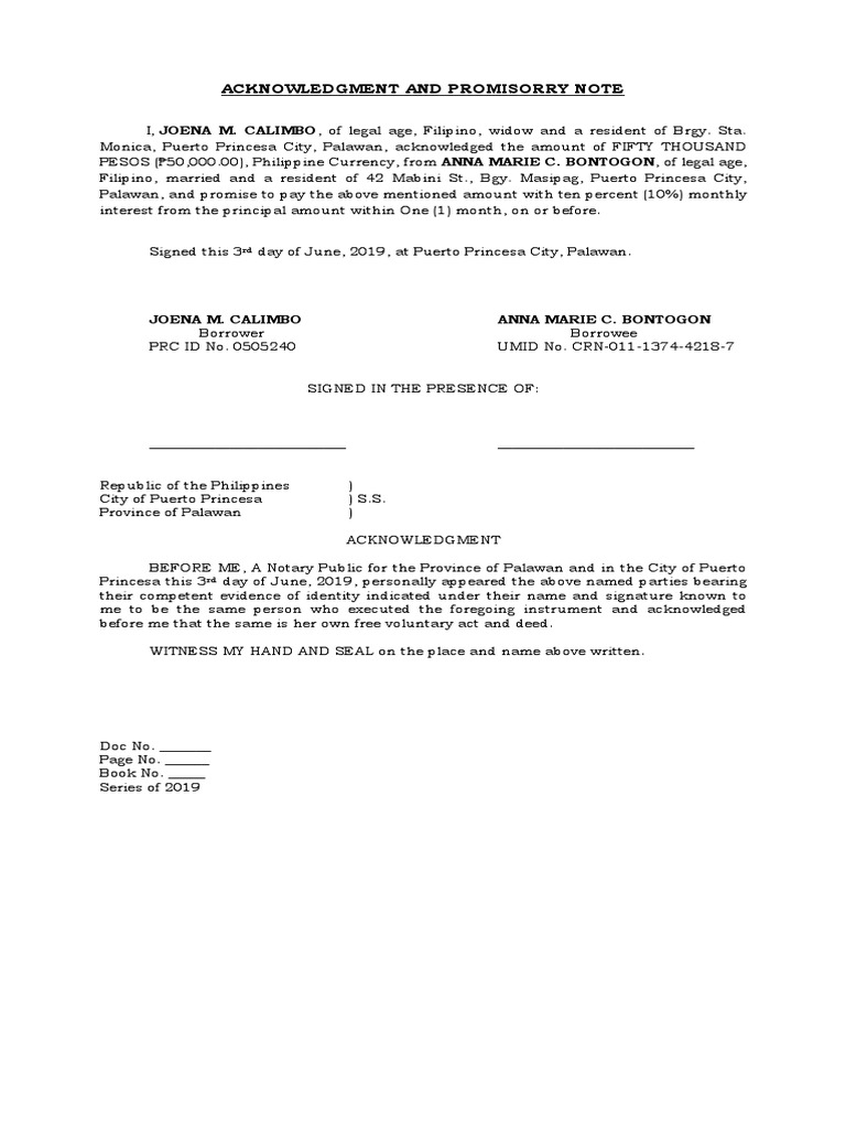 Promissory Note by Joena Calimbo | PDF | Social Science | Law