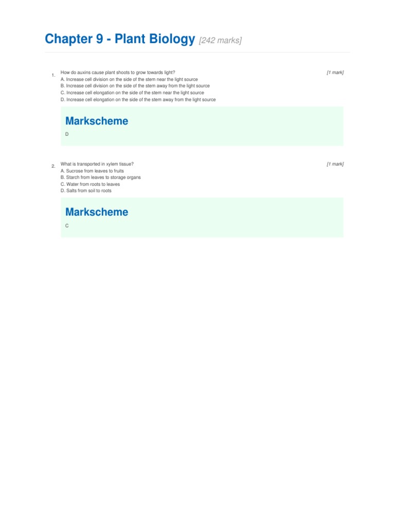 Chapter 9 - Plant Biology: Markscheme | PDF | Stoma | Photosynthesis