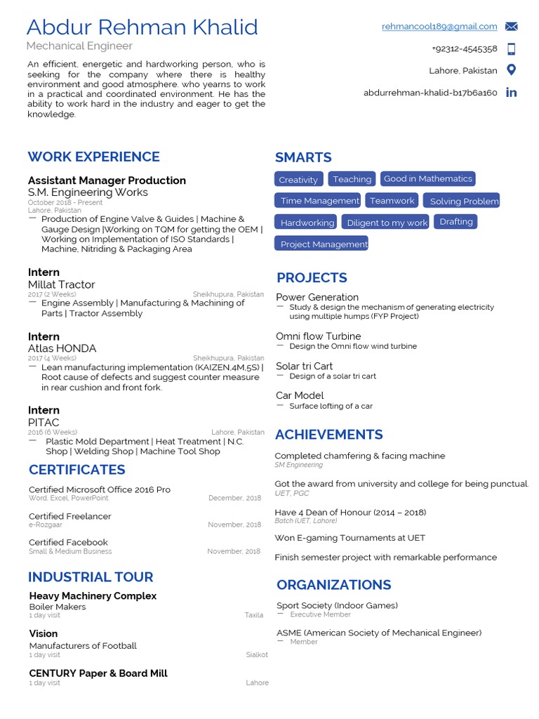 Work Experience Smarts: Assistant Manager Production | Download Free ...