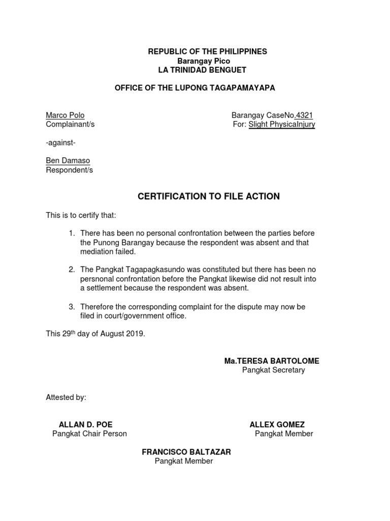 Republic of The Philippines Barangay Pico La Trinidad Benguet Office of ...