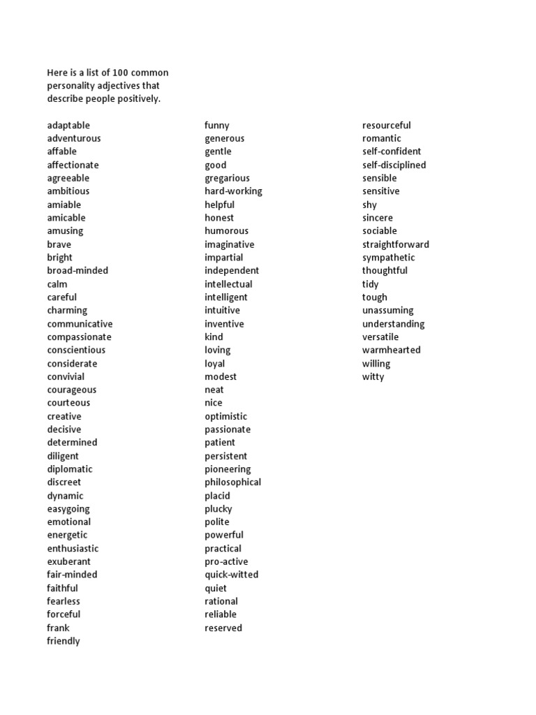100 Positive Personality Adjectives | PDF | Psychology | Psychological ...