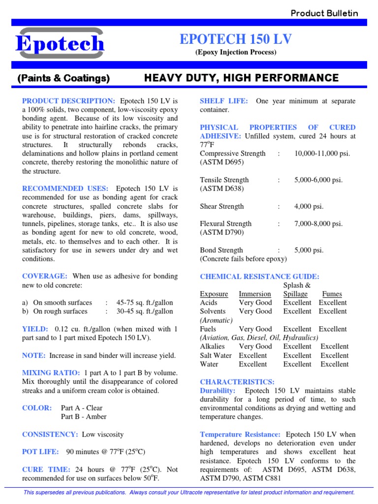 Product Data Sheet For Epotech LV150 | PDF | Adhesive | Concrete