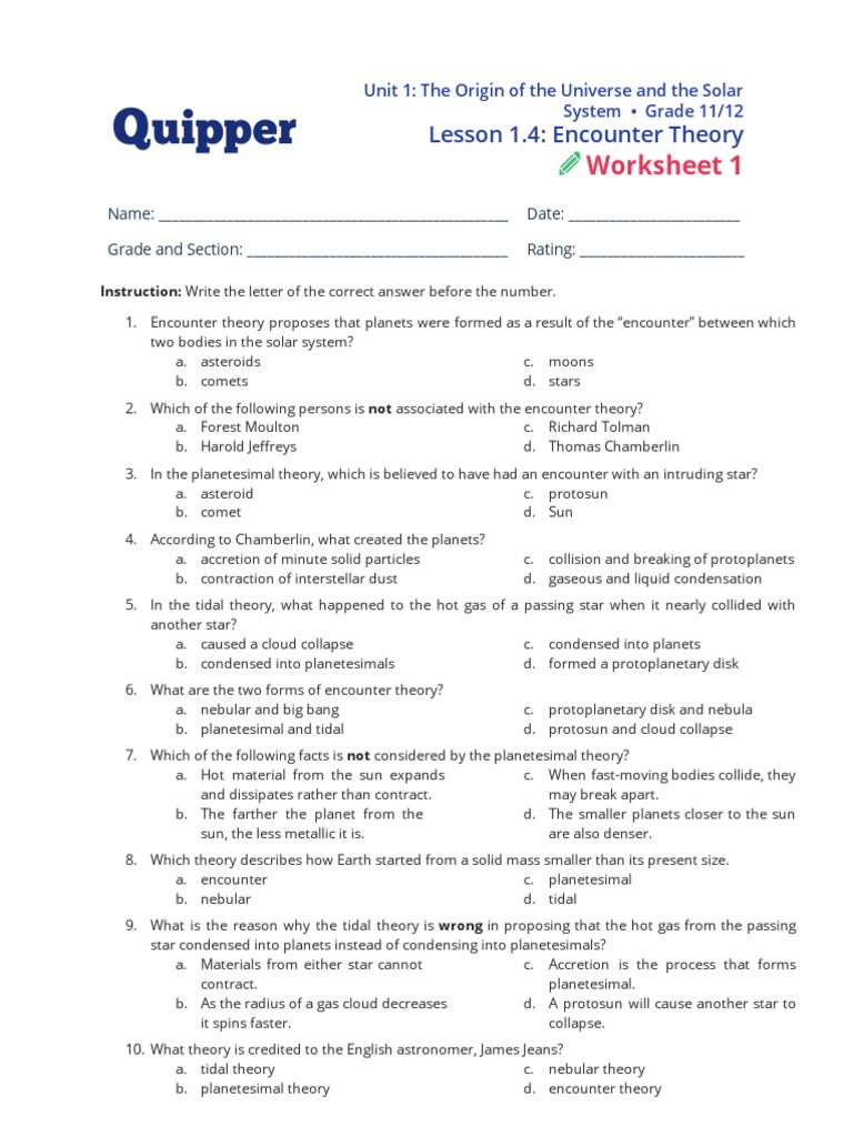 Earth Science SHS 1.4 Worksheet 1 | PDF | Planets | Outer Space