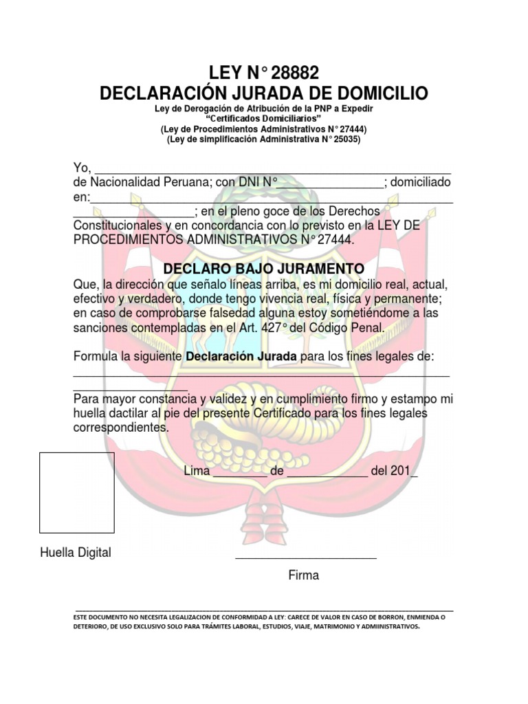 LEY N° 28882 Declaración Jurada De Domicilio: Declaro Bajo Juramento