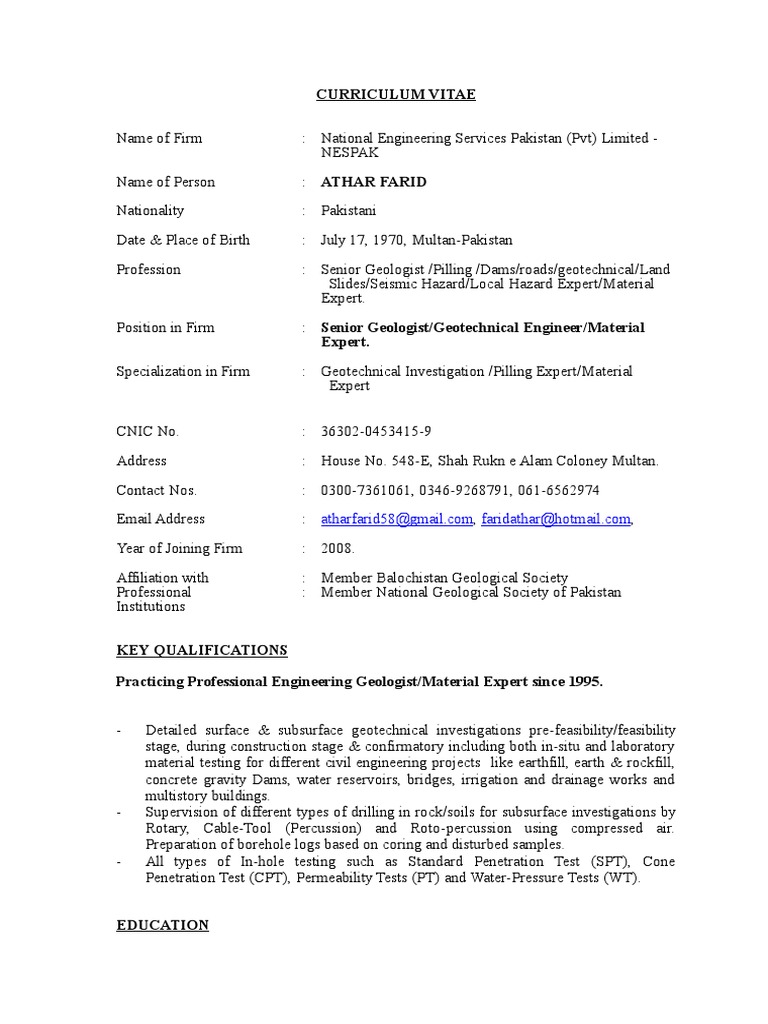 Athar CV For Geotechnical Engineer | PDF | Geotechnical Engineering ...