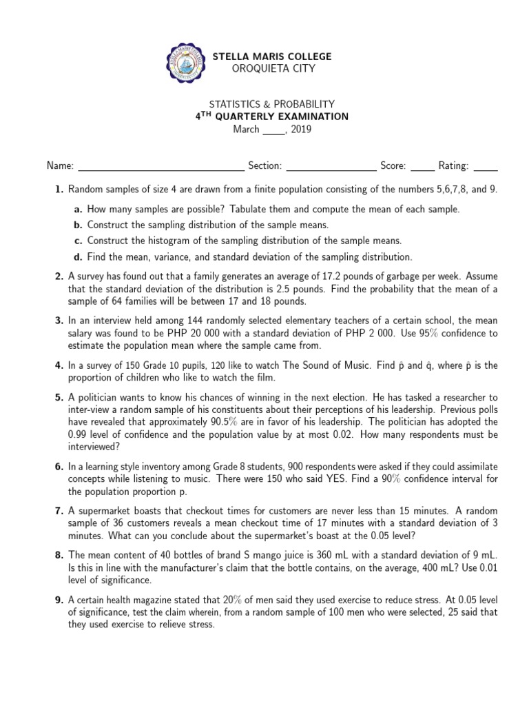 Stat Exam Pdf Sampling Statistics Standard Deviation 5669