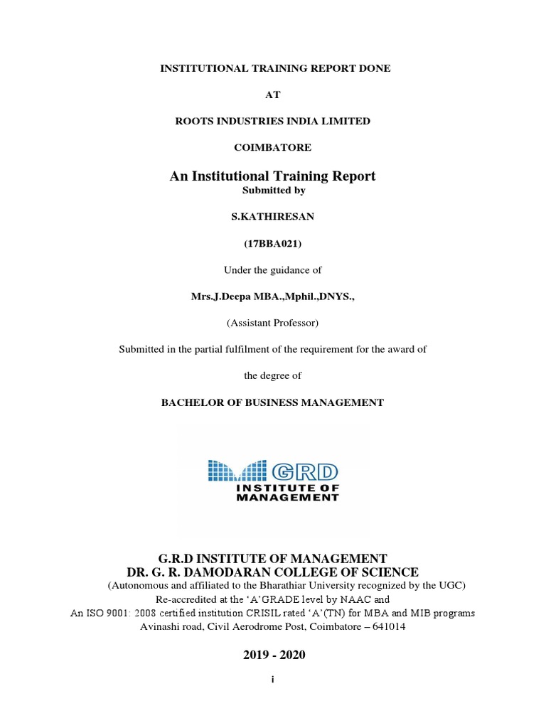 Institutional Training Report Done AT Roots Industries India Limited ...