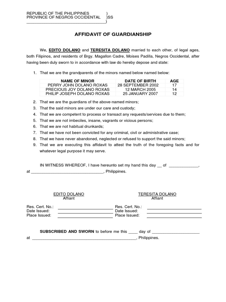 Affidavit of Guardianship in Negros Occidental | PDF | Social Science ...