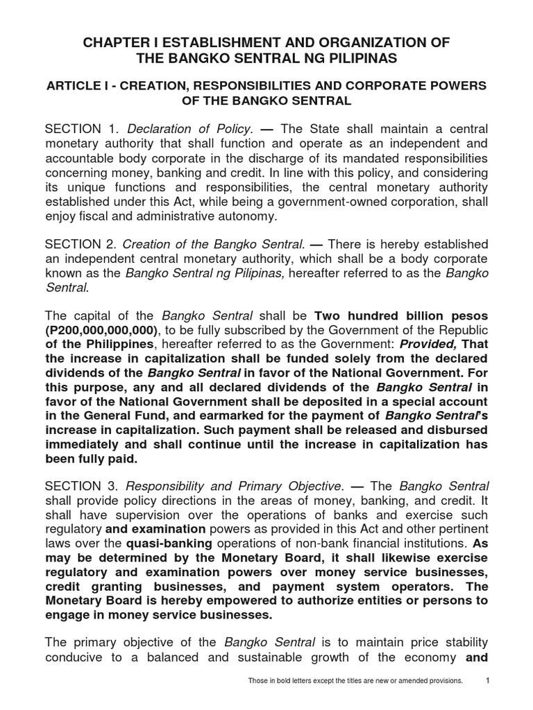 Chapter I Establishment and Organization of The Bangko Sentral NG ...