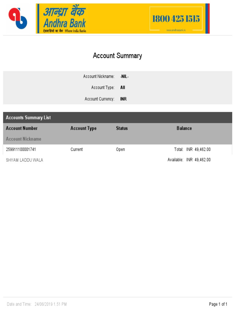 Account Summary: Account Nickname: Account Type: Account Currency | PDF
