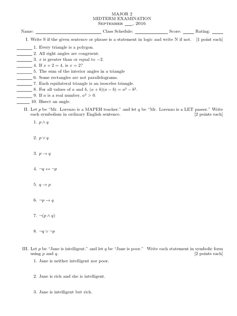 Logic Midterm Exam Questions and Answers | PDF | Teaching Methods ...