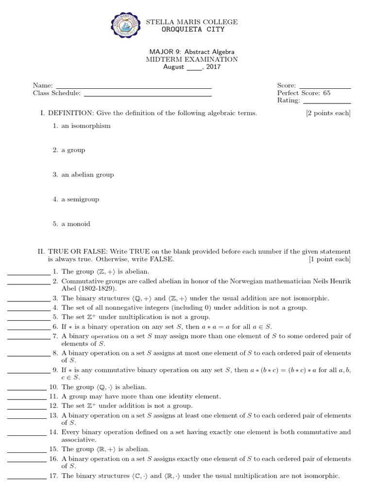 Abstract Algebra Midterm Exam 2017 | PDF | Group (Mathematics) | Matrix ...
