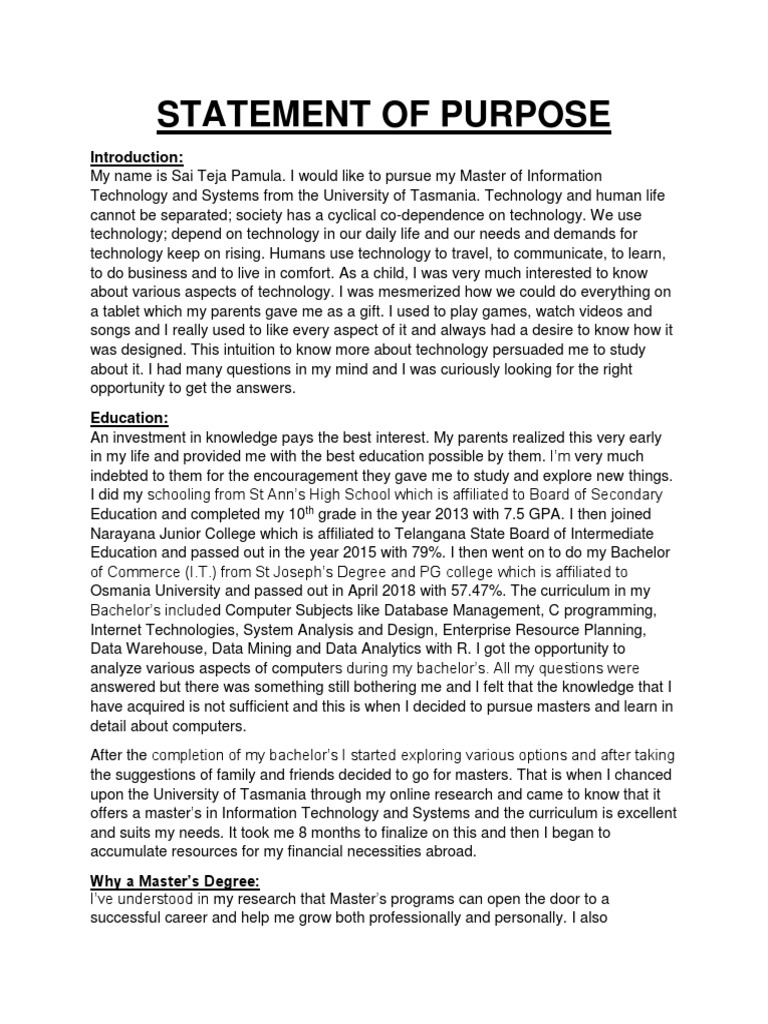 Sai Teja Pamula UTAS Visa SOP Master of Information Technology and ...