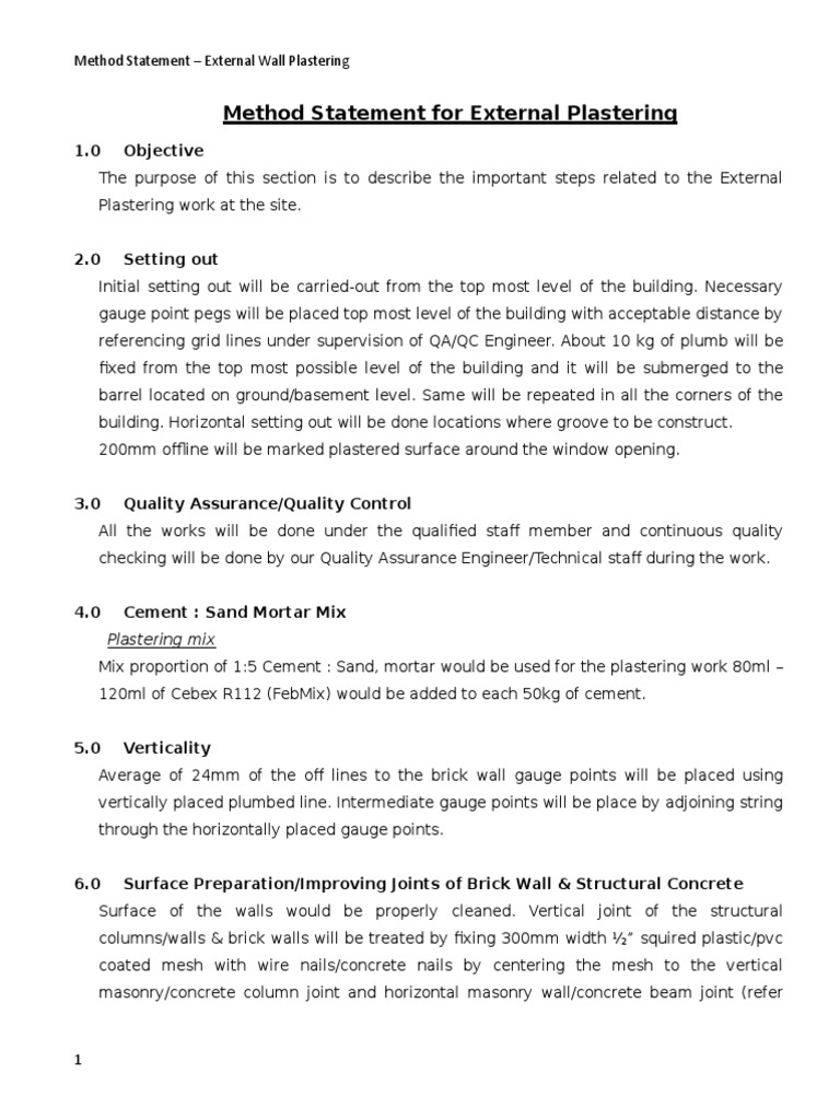 Method Statement-External Wall Plastering | PDF