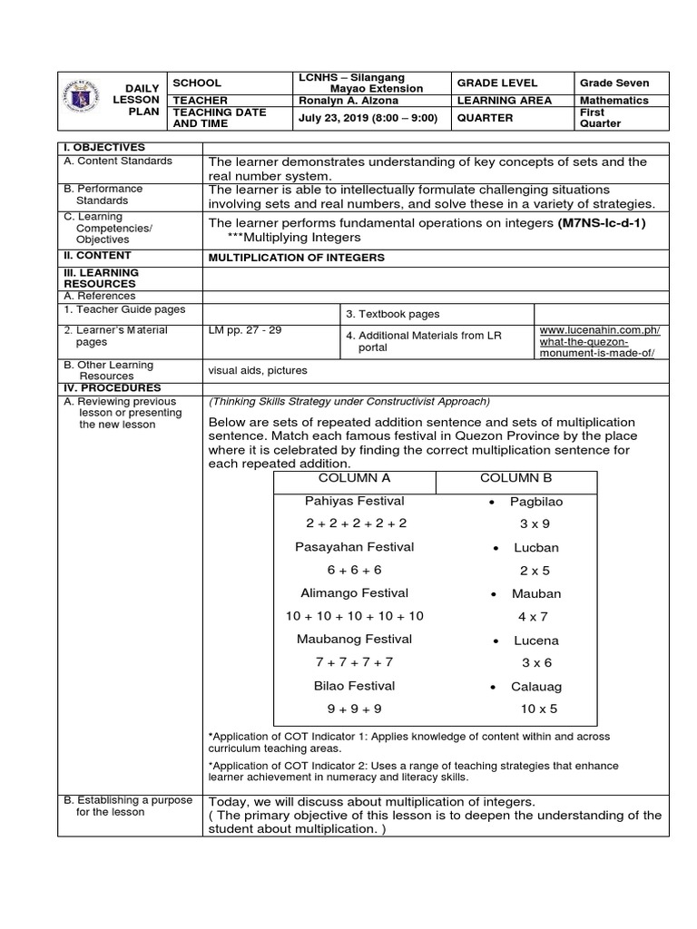 Lesson Plan in Multiplication of Integers | PDF | Constructivism ...