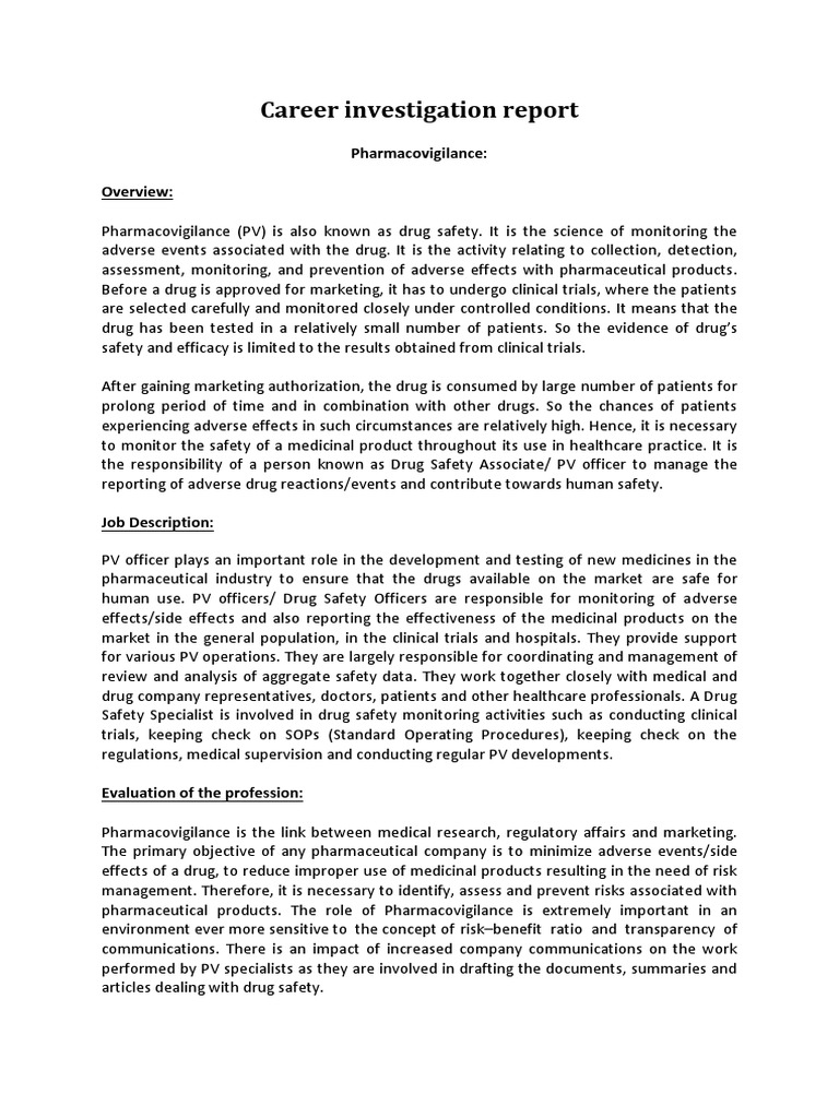 Career Investigation Report - PV | PDF | Pharmacovigilance | Clinical Trial