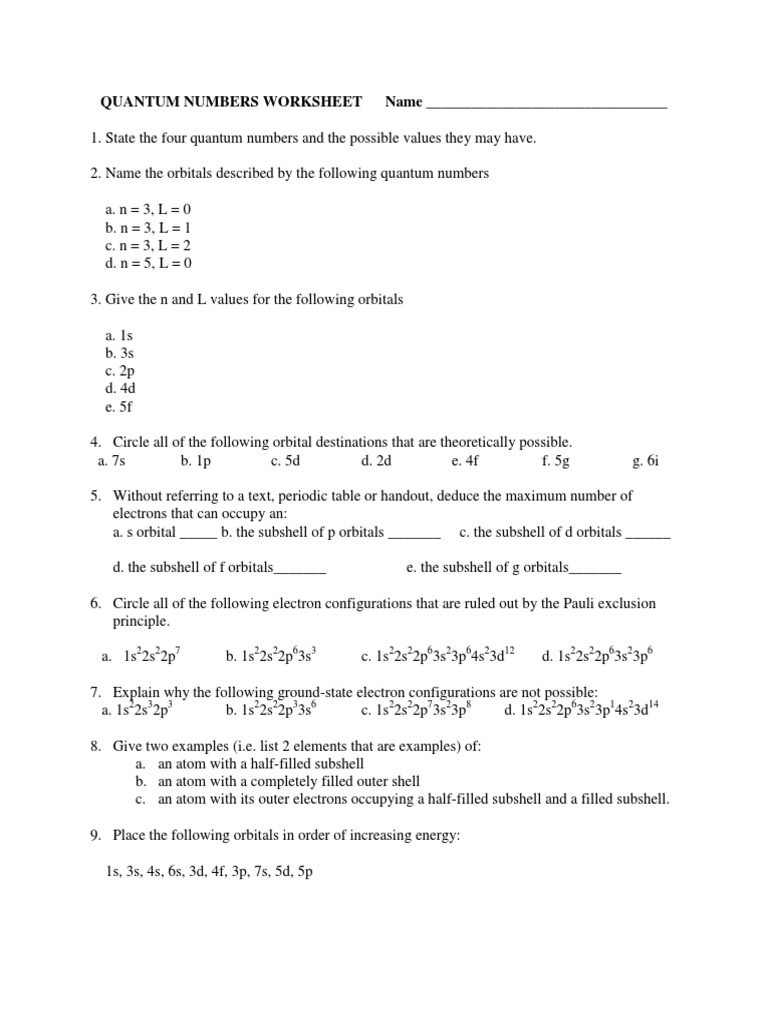 AP Chemistry Quantum Numbers Worksheet F 2012 | PDF | Electron ...
