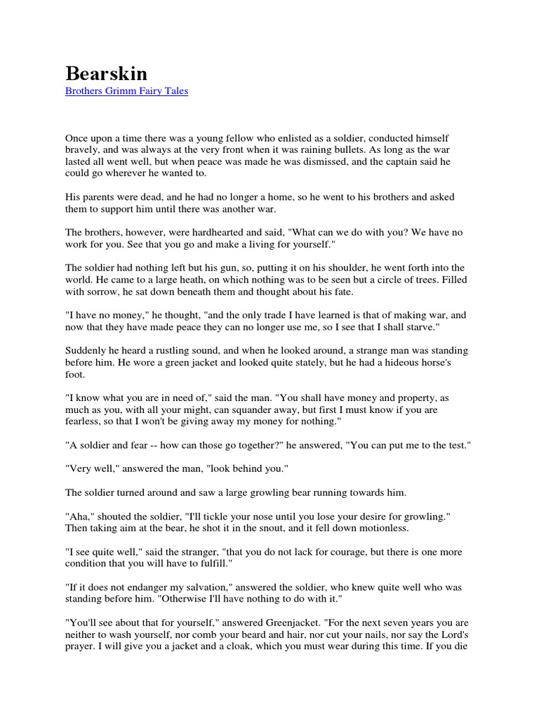 Bearskin: Brothers Grimm Fairy Tales | PDF