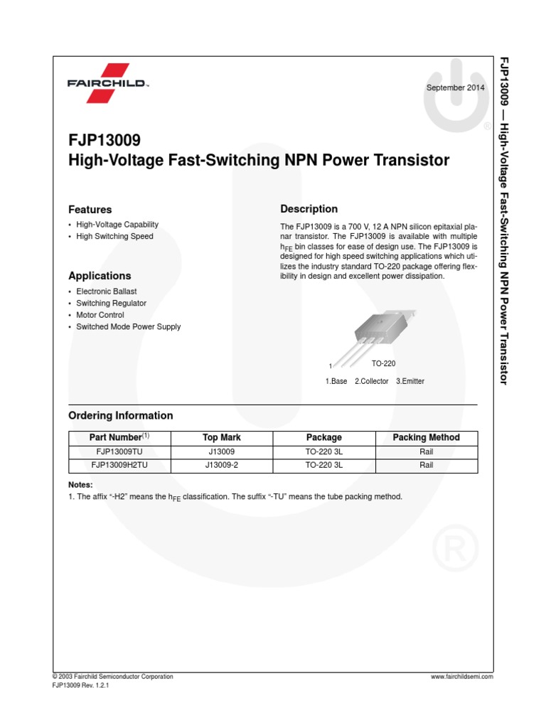 FJP13009 High-Voltage Fast-Switching NPN Power Transistor: Features ...