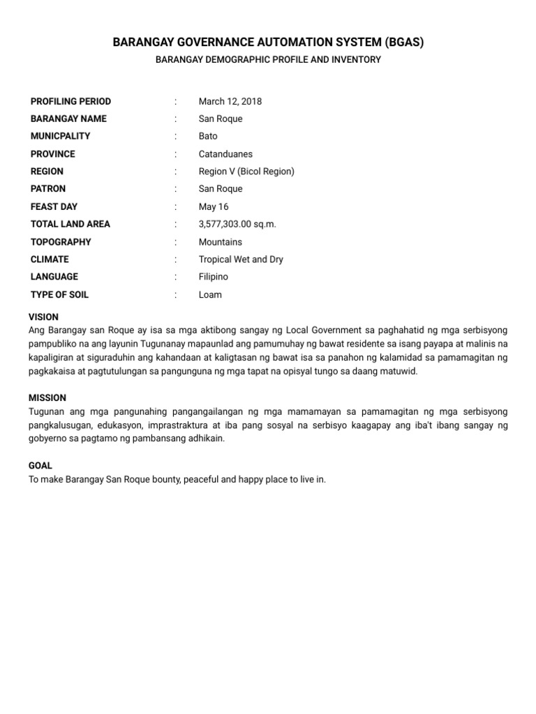 Barangay Demographic Profile - San Roque, Bato, Catanduanes PDF | PDF